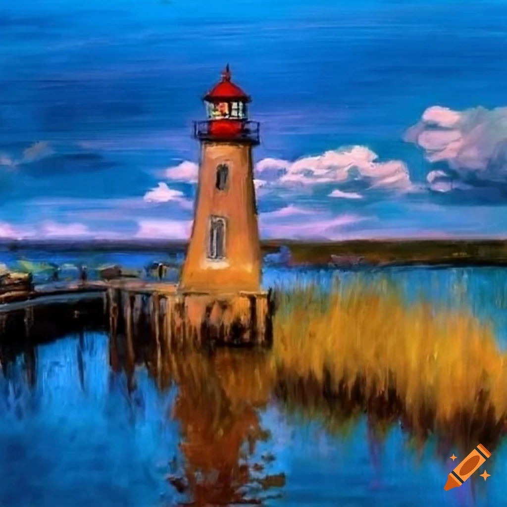 Monet-style impressionist painting of a lighthouse town on Craiyon