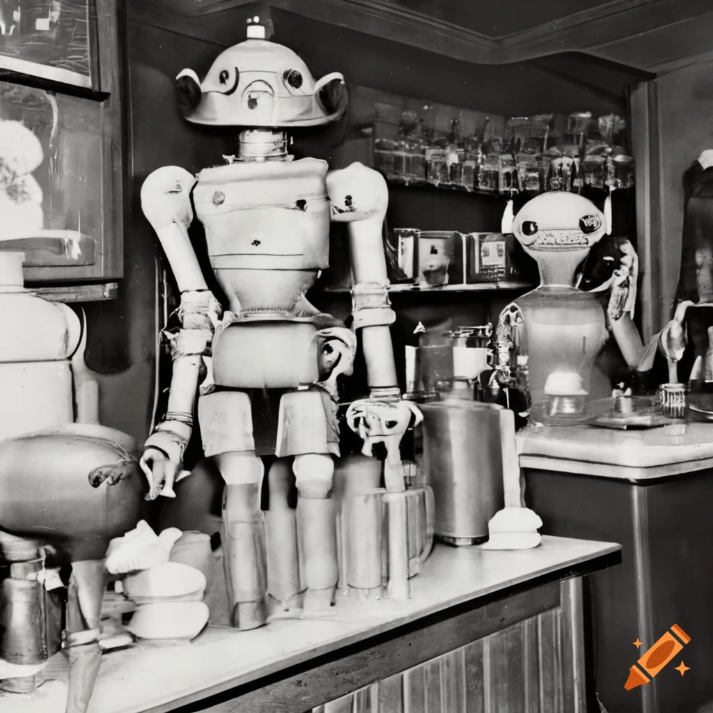 Alien robots working in an ice cream store in a vintage 1920s scene on ...