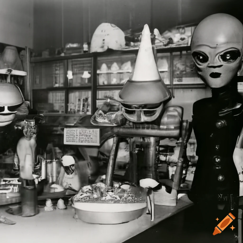 1920s vintage photograph of alien robots in an ice cream store on Craiyon