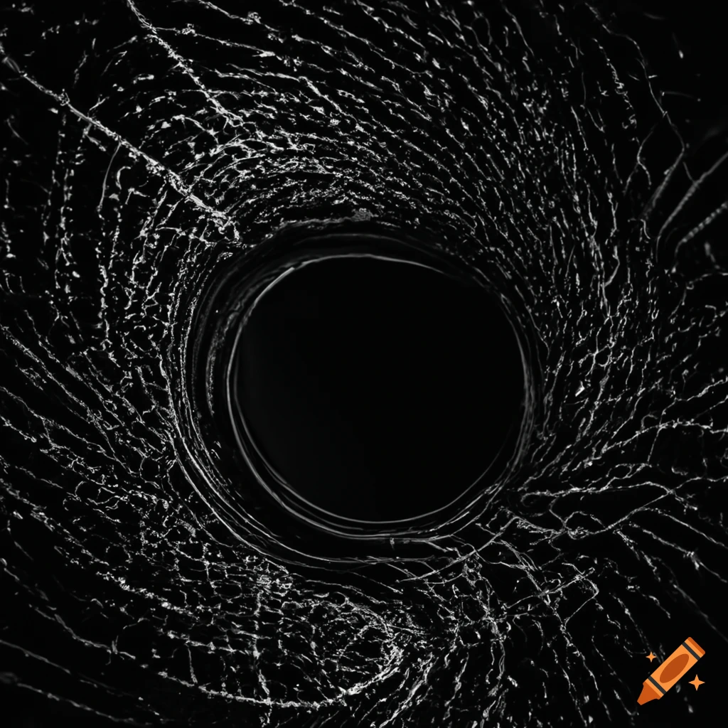 Woodcut of a circular chasm in the distance on Craiyon