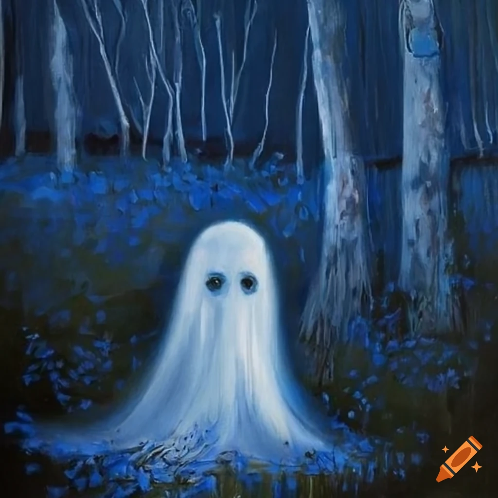 Dark oil painting of a sheet ghost in a field of blue flowers on Craiyon