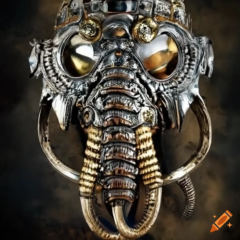 Chrome biomechanical elephant steampunk death mask on textured ...