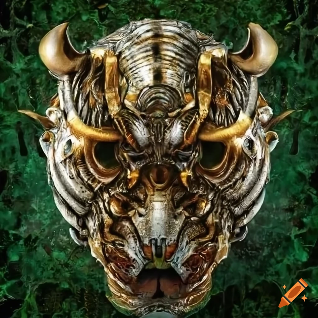 Chrome biomechanical ram steampunk death mask with horns on Craiyon