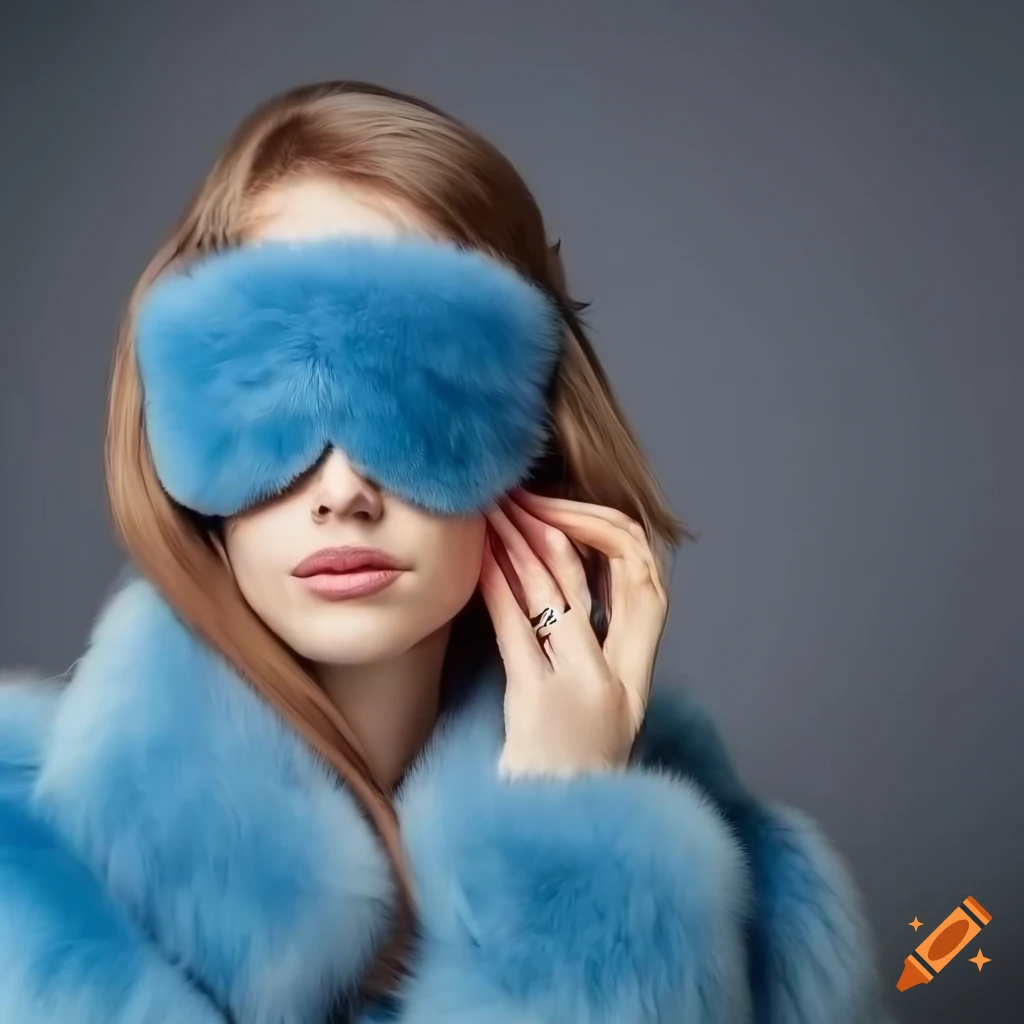 Woman wearing a blue fur sleep mask on Craiyon