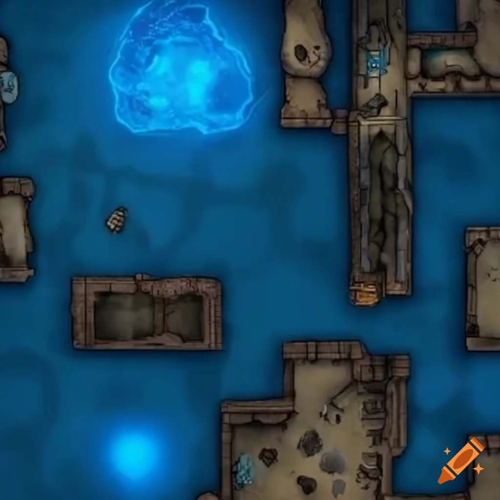 Blue battle map with barriers, walls, and altar on Craiyon