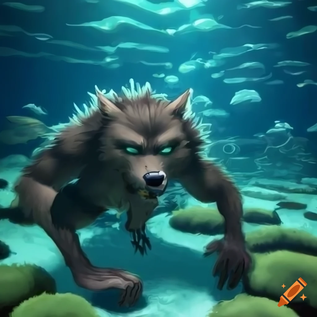Anthro werewolf swimming underwater