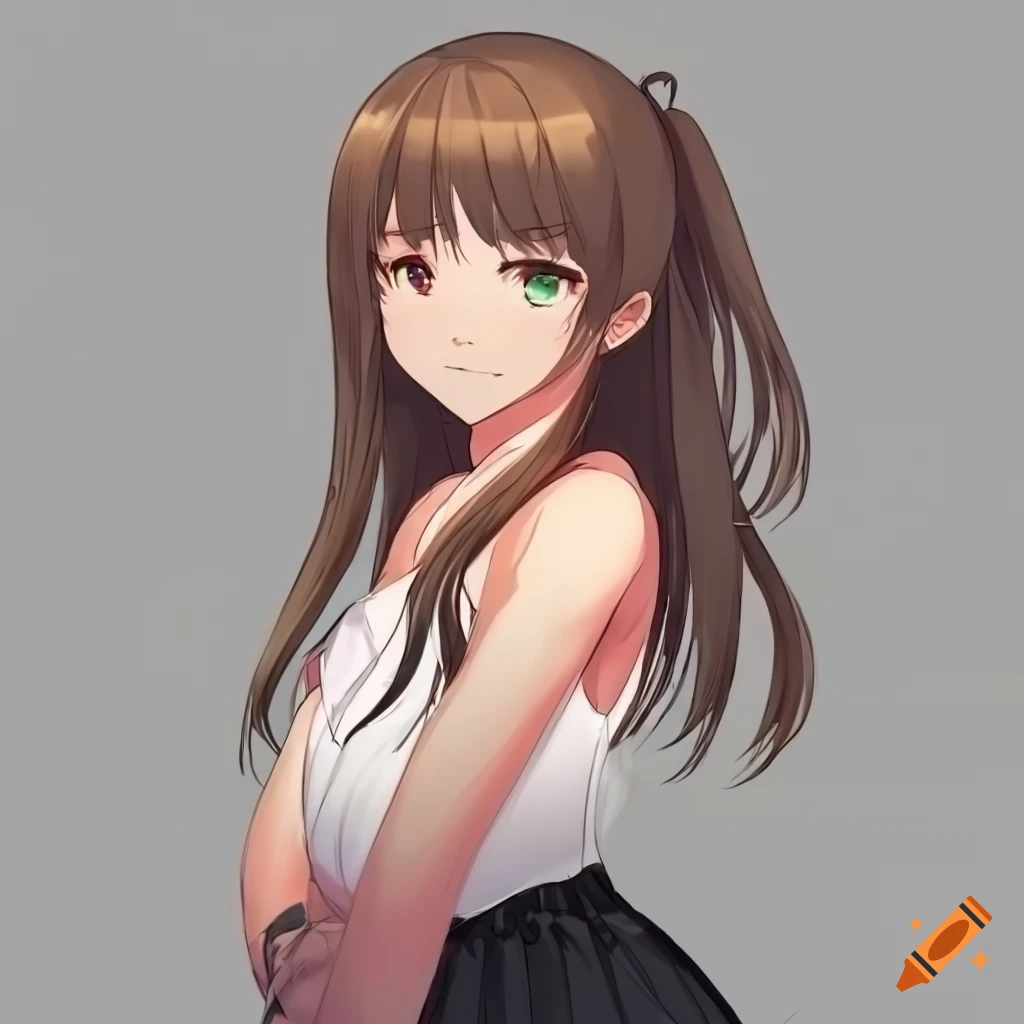 Full body visual novel character sprite of a girl with long brown hair ...