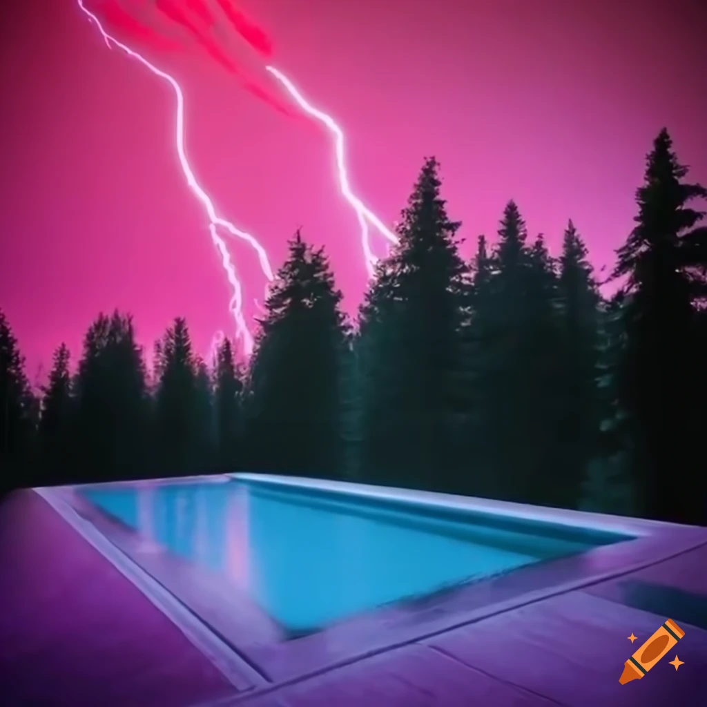 Futuristic swimming pool in a dark forest with red sky on Craiyon
