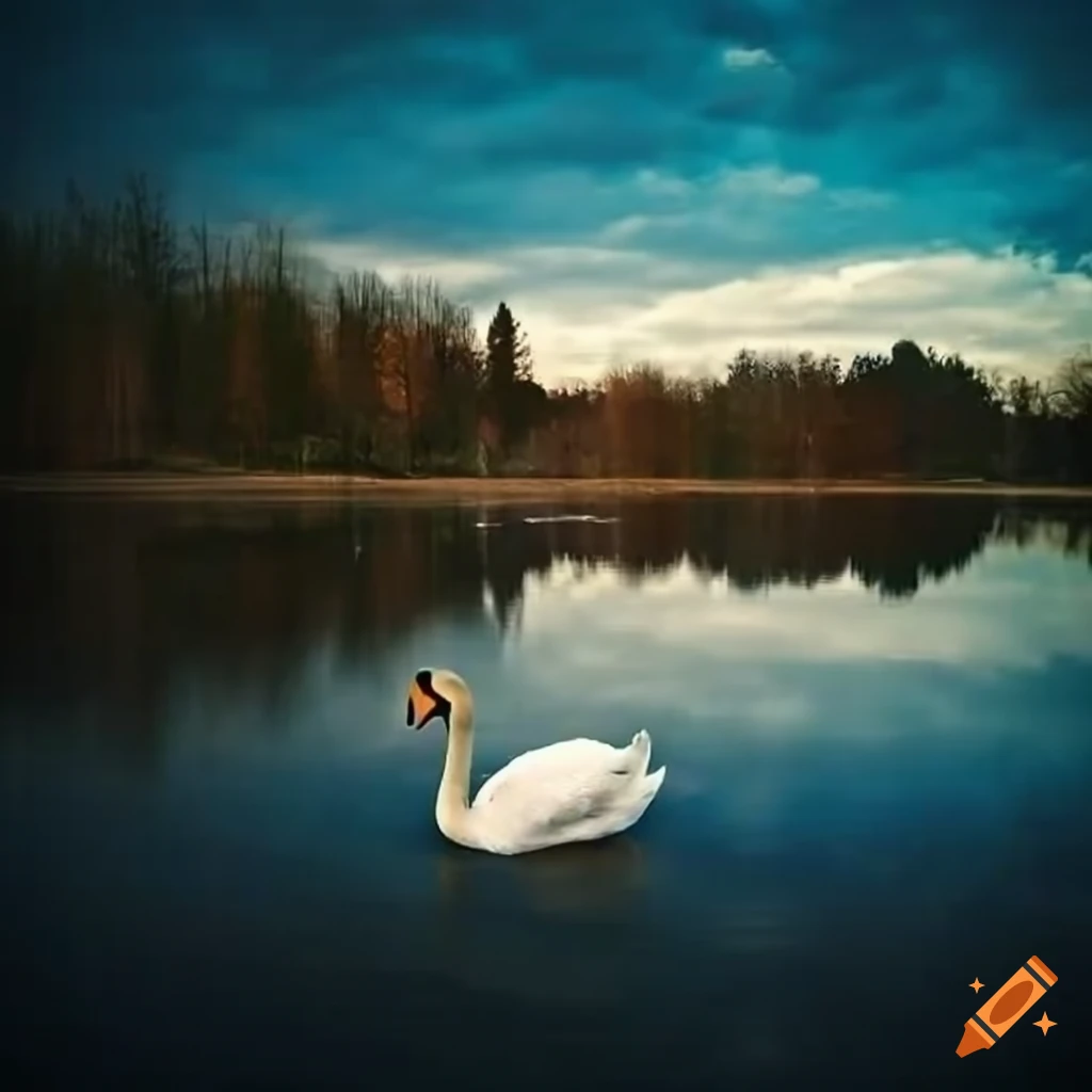 Swan swimming on a peaceful lake on Craiyon