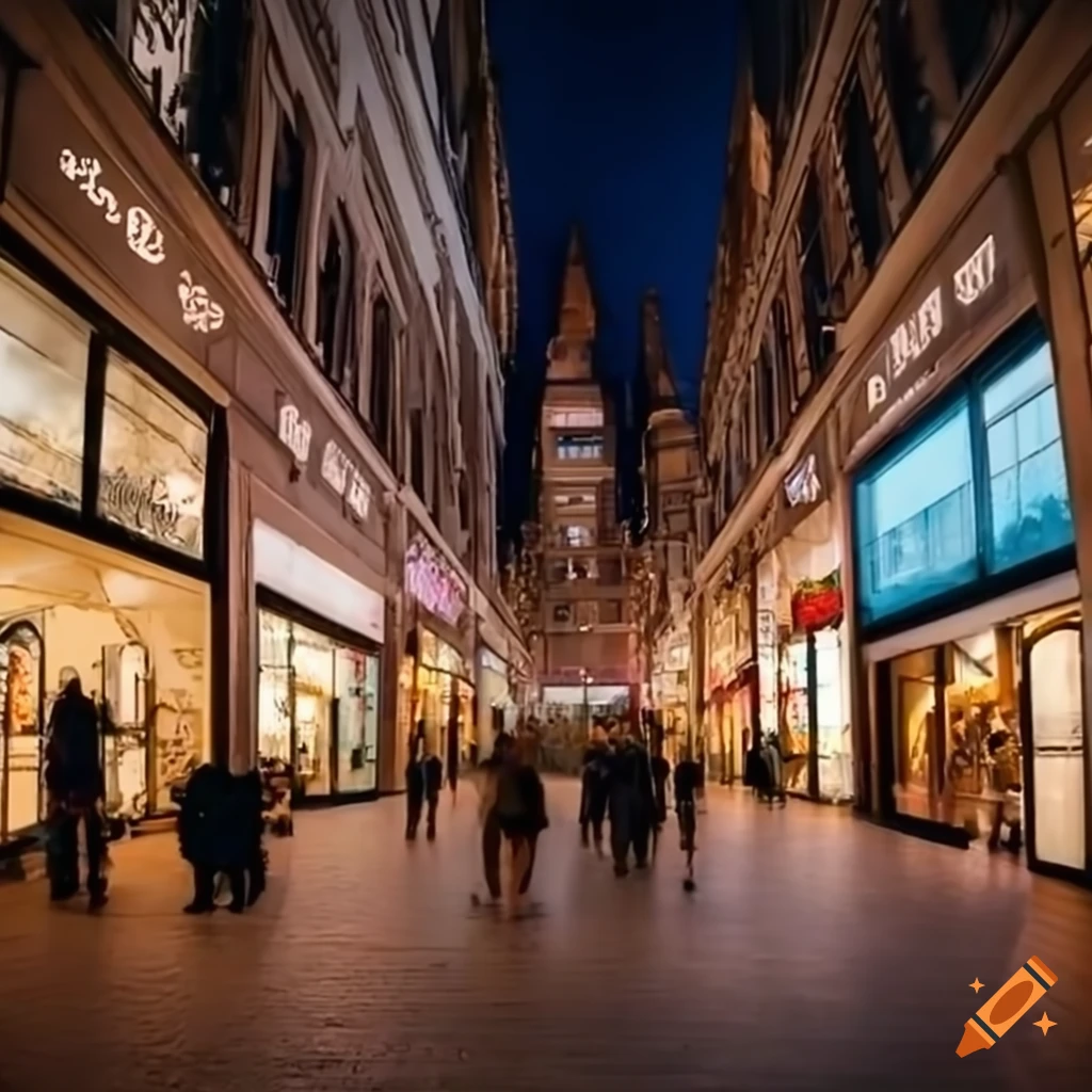 Luxury street with people shopping at high-end shops on Craiyon