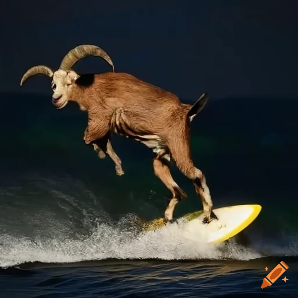 Image of a goat surfing on a rainbow on Craiyon