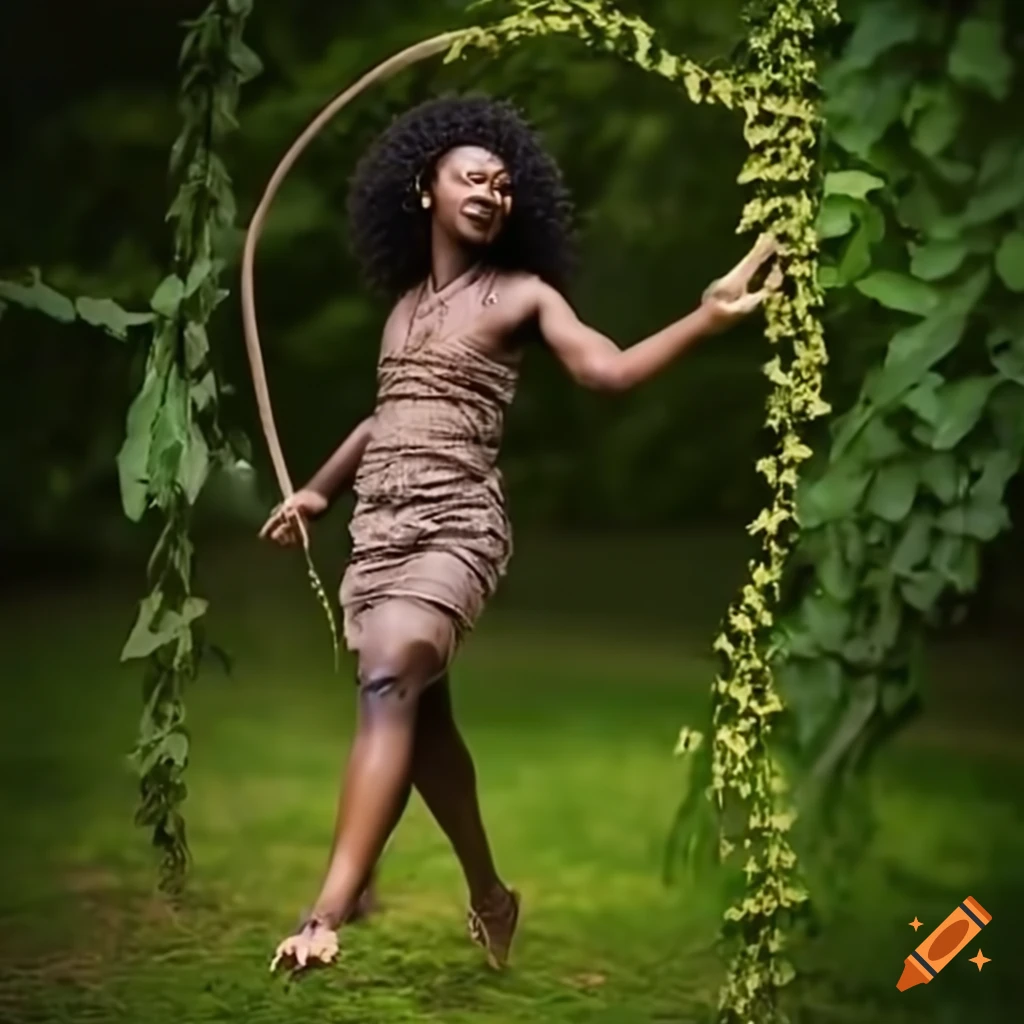 Photo of a woman swinging on a vine