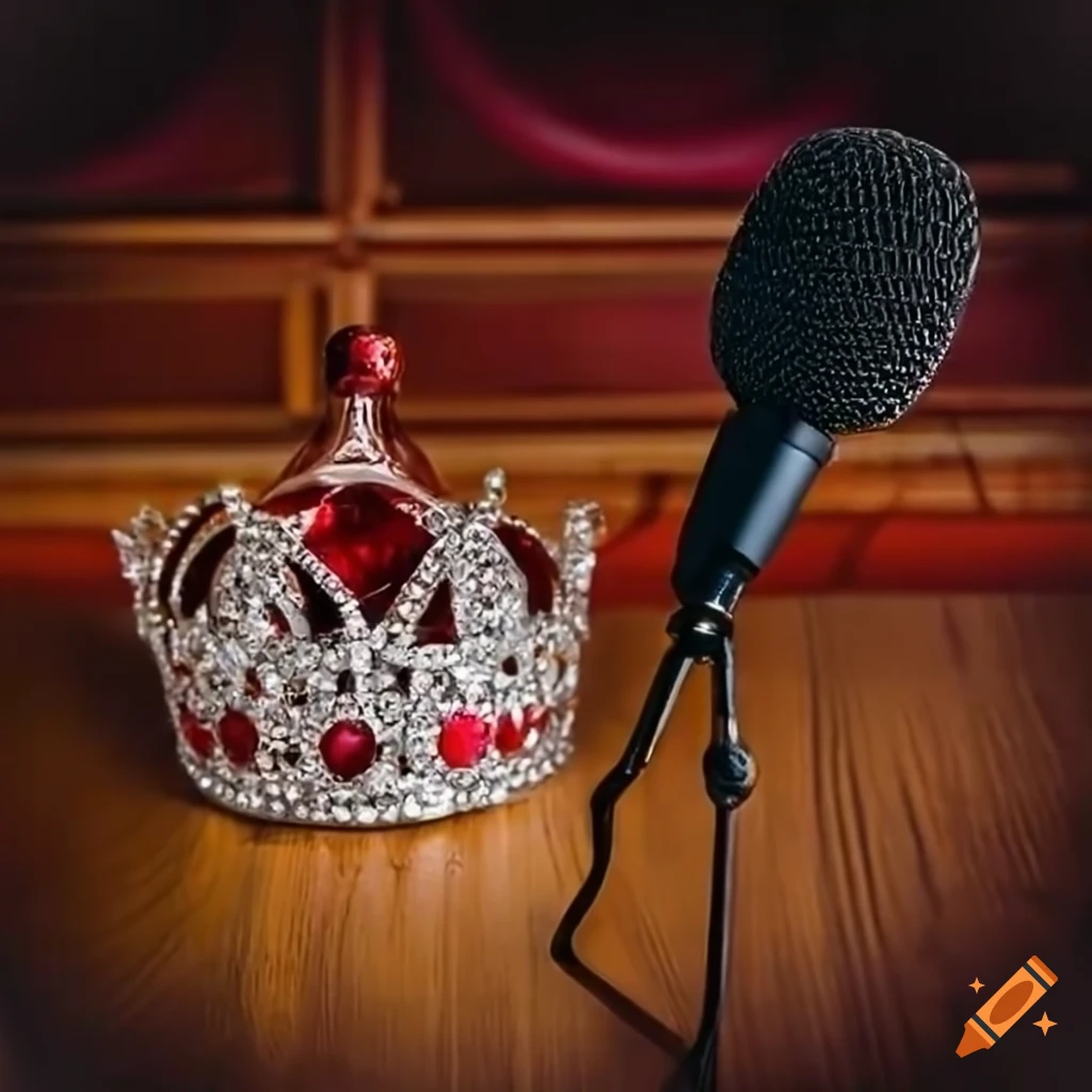 Sparkling diamond crown with red rubies and microphone on a wooden ...