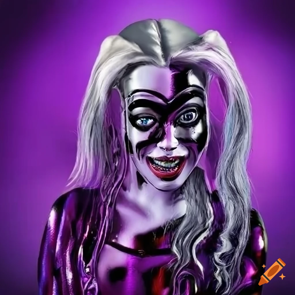 Fan art of purple chrome Harley Quinn and silver surfer on Craiyon