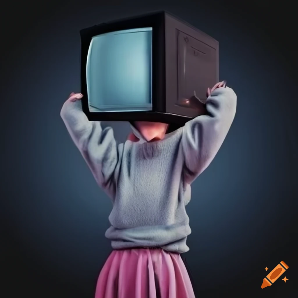 Retro artwork of a person wearing oversized gray sweater with a computer monitor on her head
