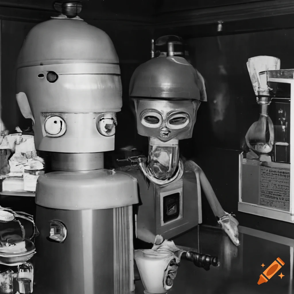 Vintage 1920s photograph of alien robots working in an ice cream store ...