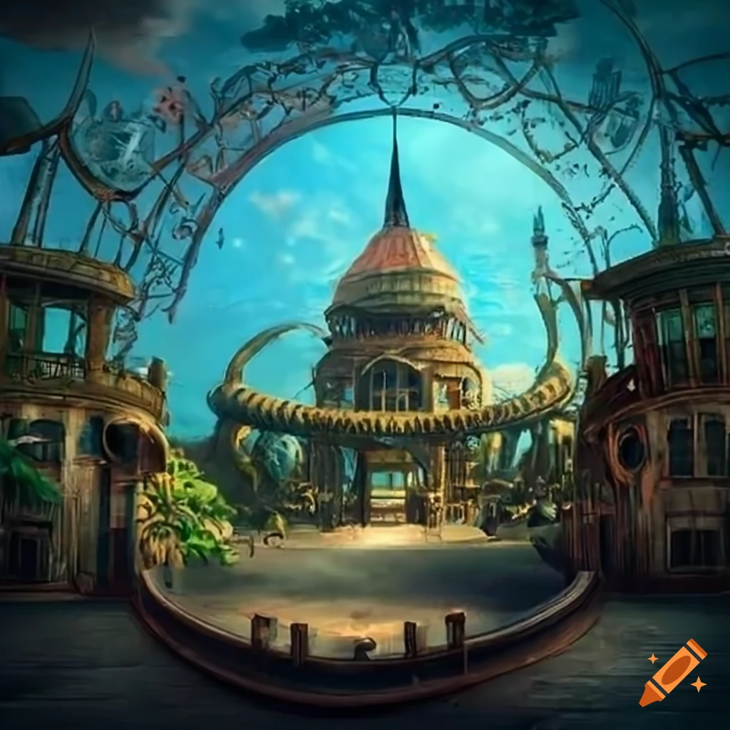 Artistic representation of a steampunk tropical city