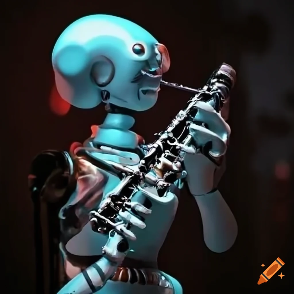 Humorous image of rock 'em sock 'em robots playing musical instruments
