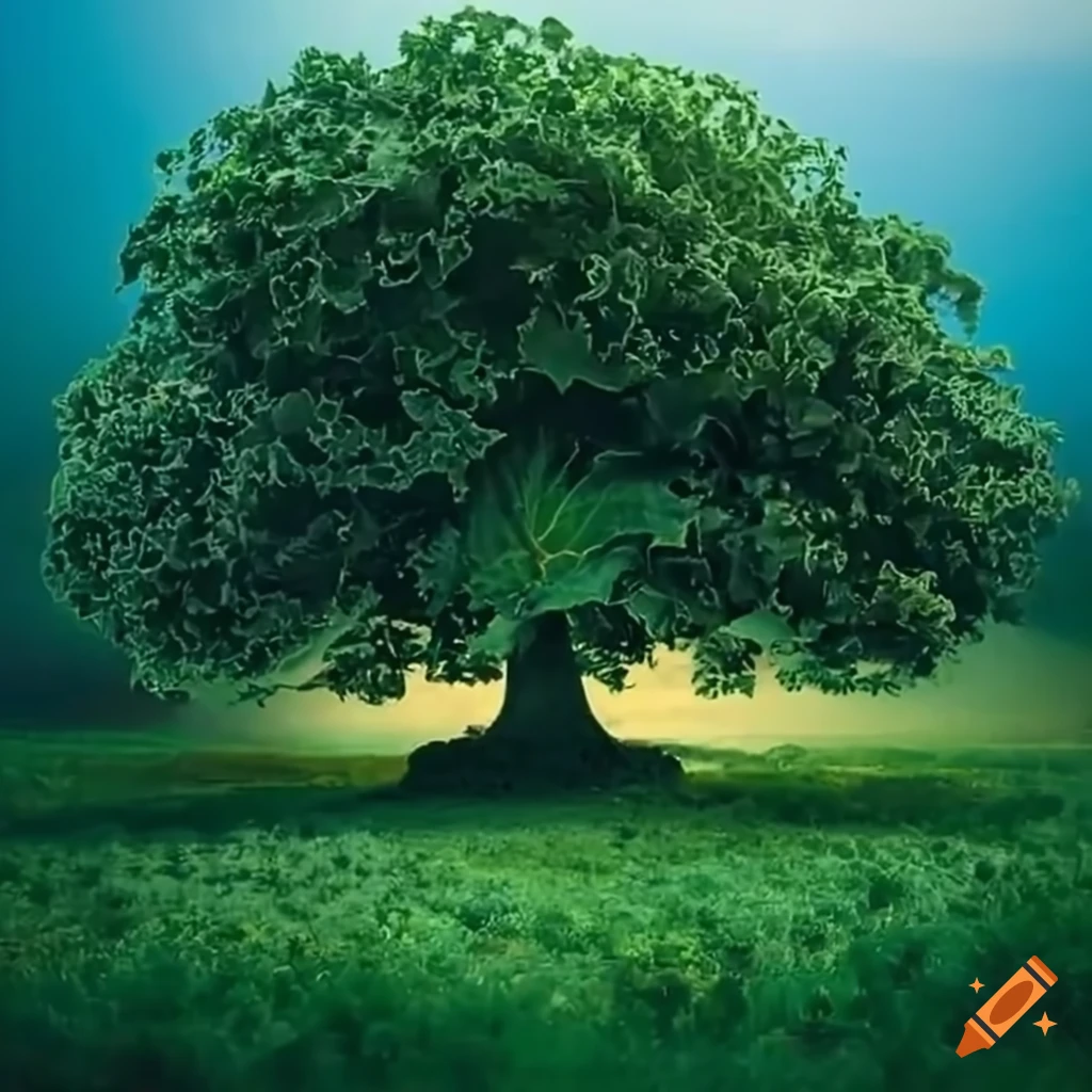 Intricate tree-like structure with luminous leaves in a serene ...