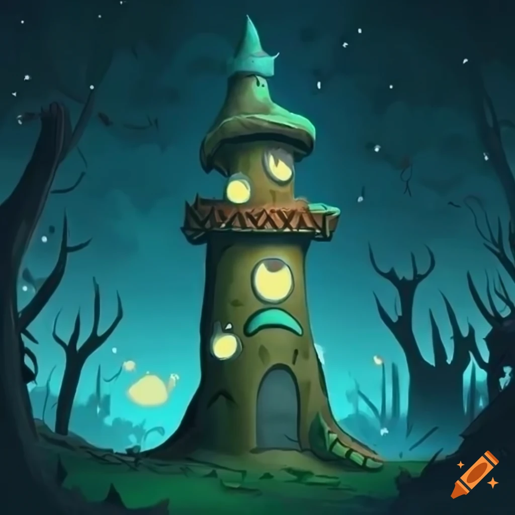 Cartoony wizard tower in a whimsical night forest