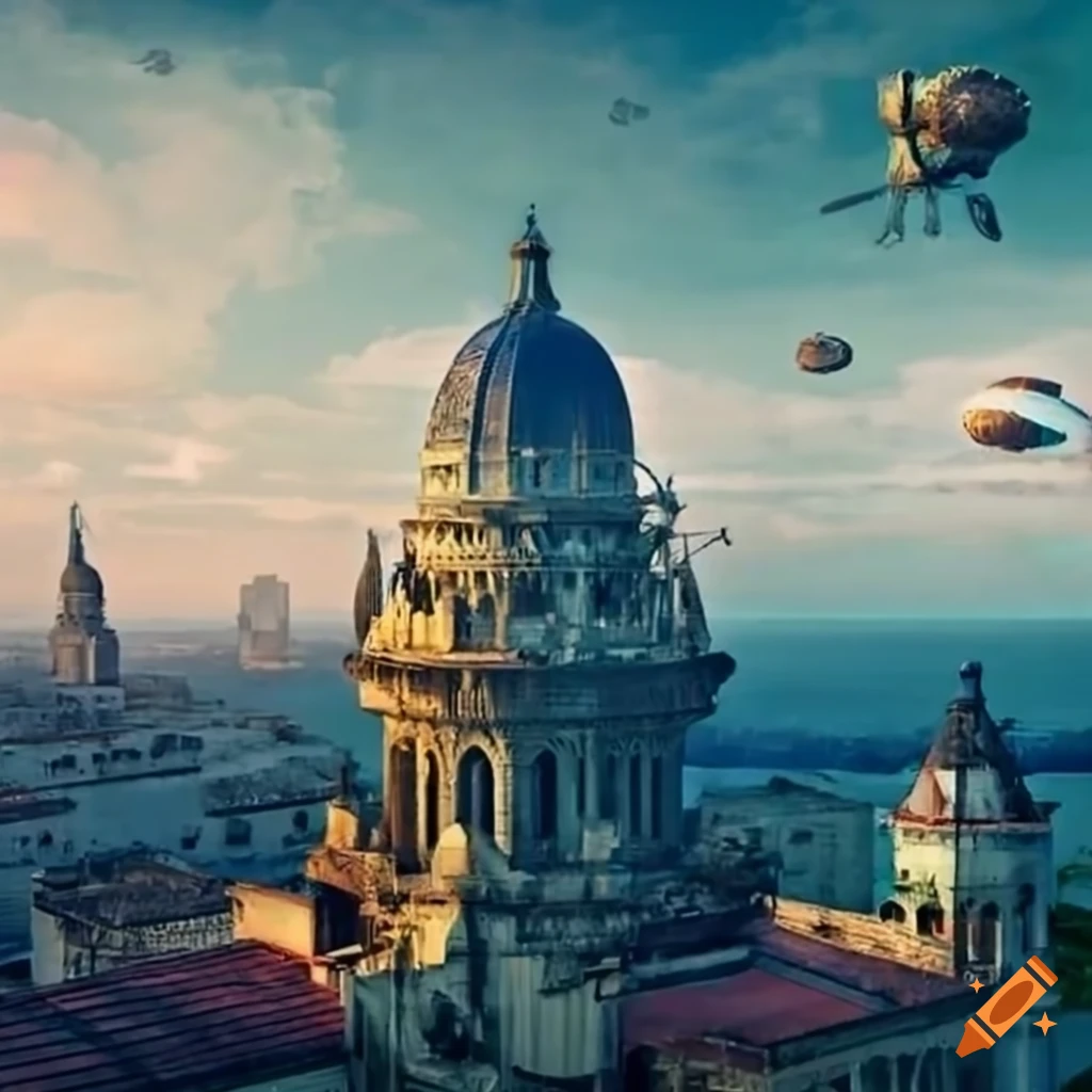 Image of a cuban city with steampunk airships on Craiyon