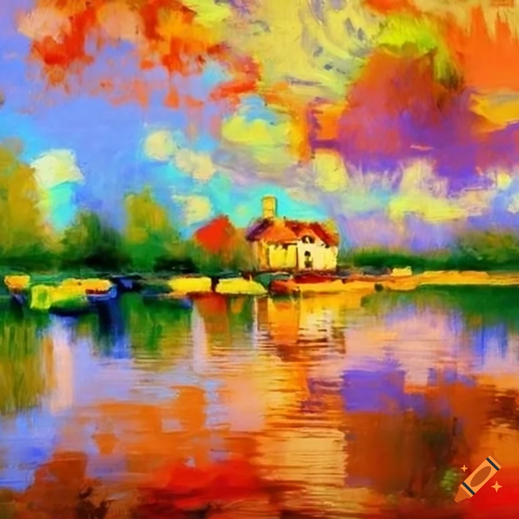 Abstract impressionist painting of a river with boats and reflections ...