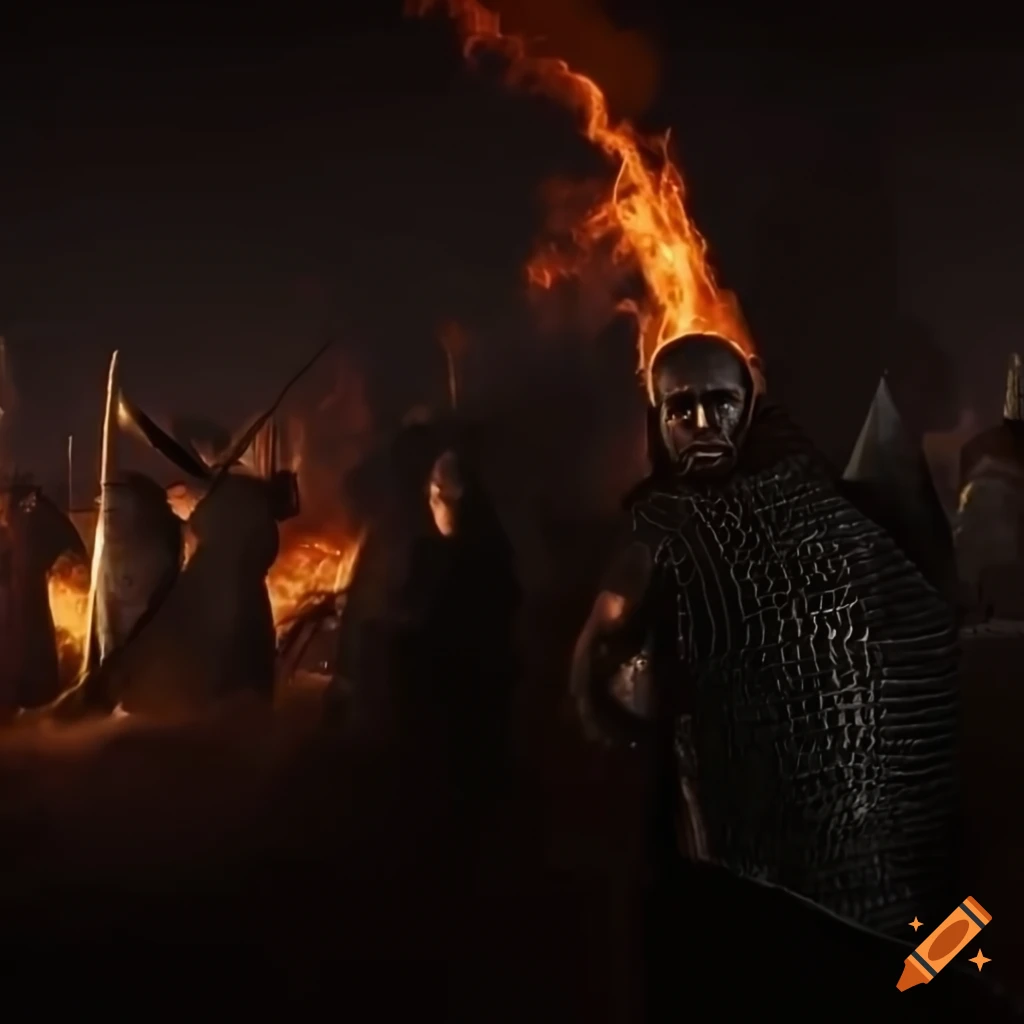 Hyperrealistic artwork of warrior monks in a burning medieval town on ...