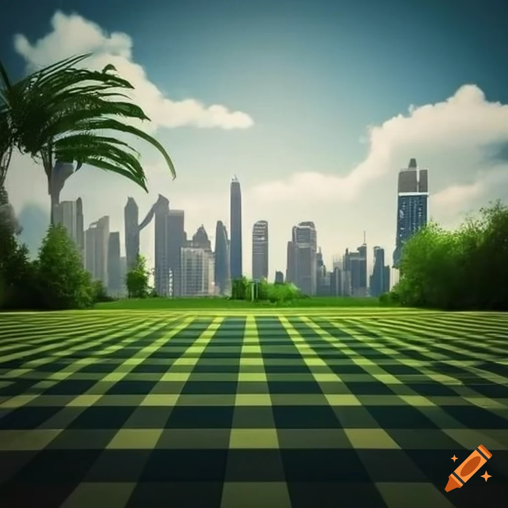 Cityscape with palmtrees against a checkered ground on Craiyon