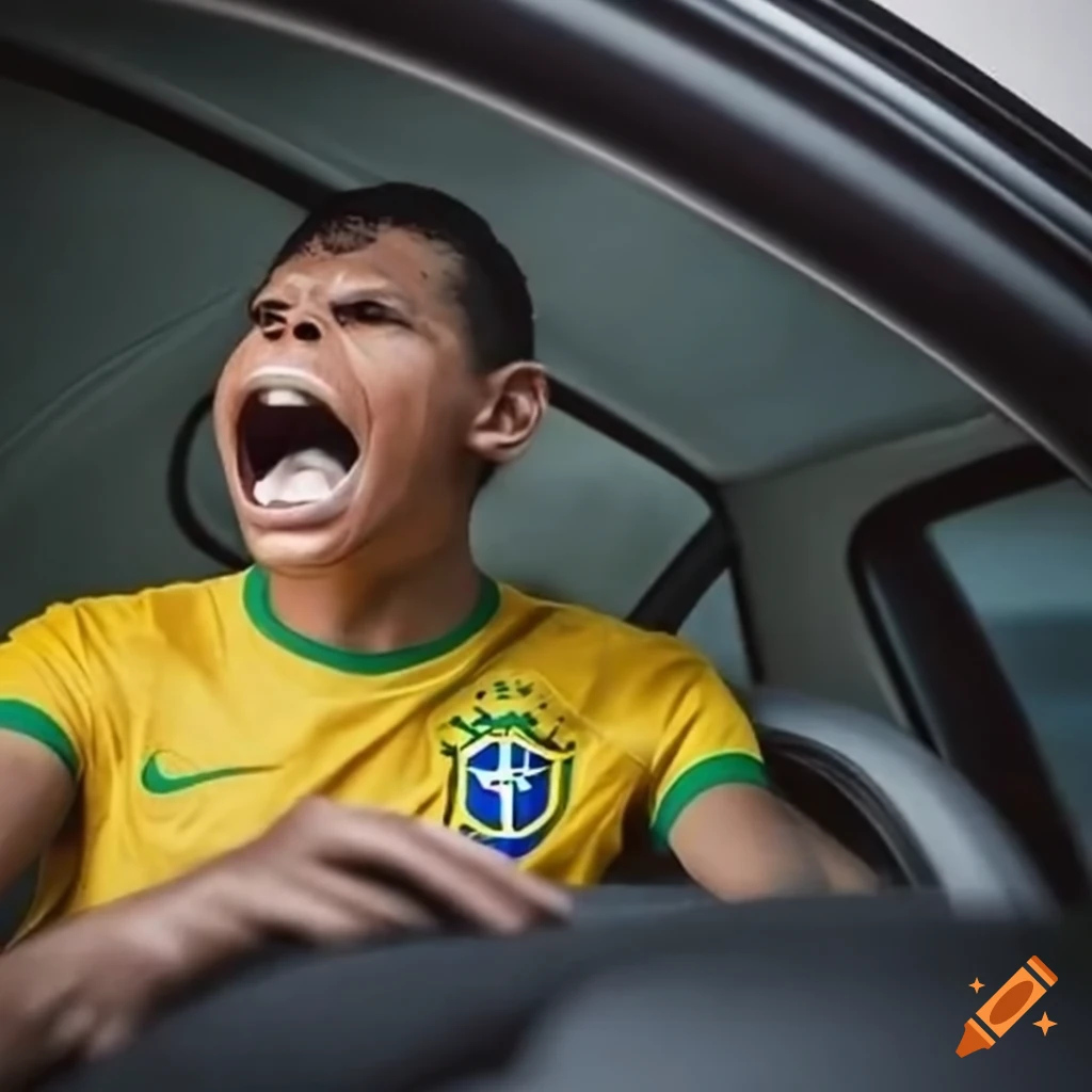 Humorous image of a monkey driving a car wearing a Brazil soccer shirt ...