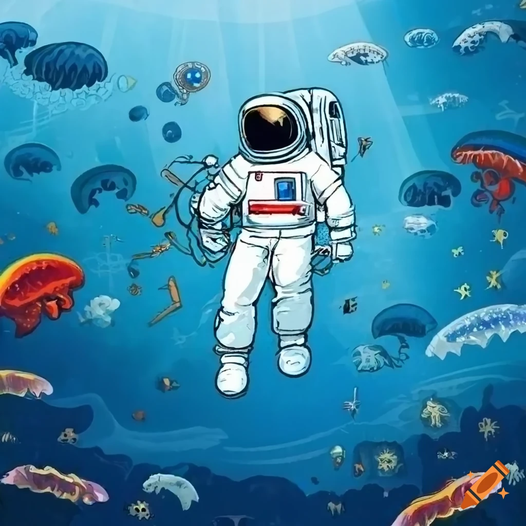 Comic book illustration of an astronaut in a fantasy landscape with ...