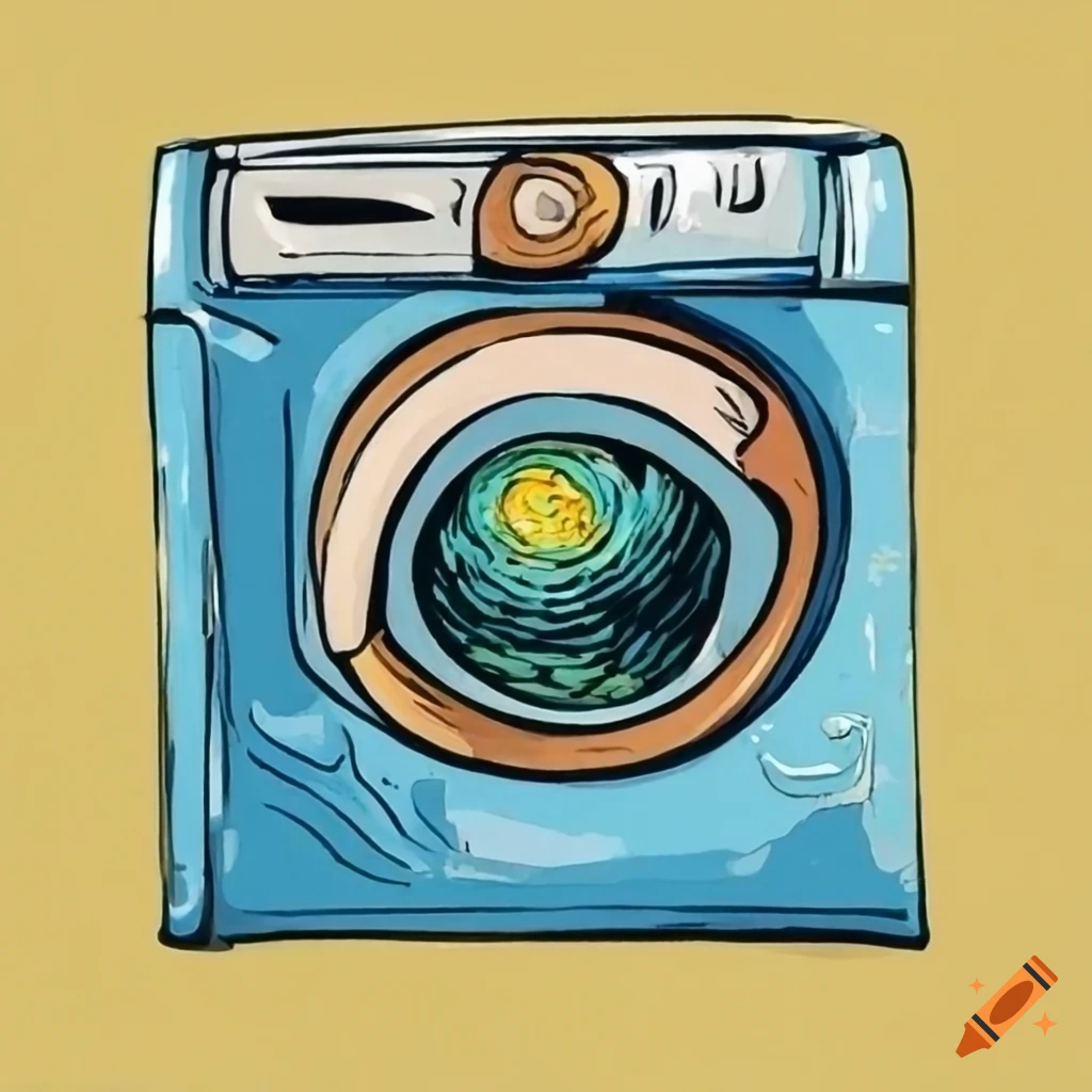 White chalk drawing of a washing machine on a blue slate background on ...
