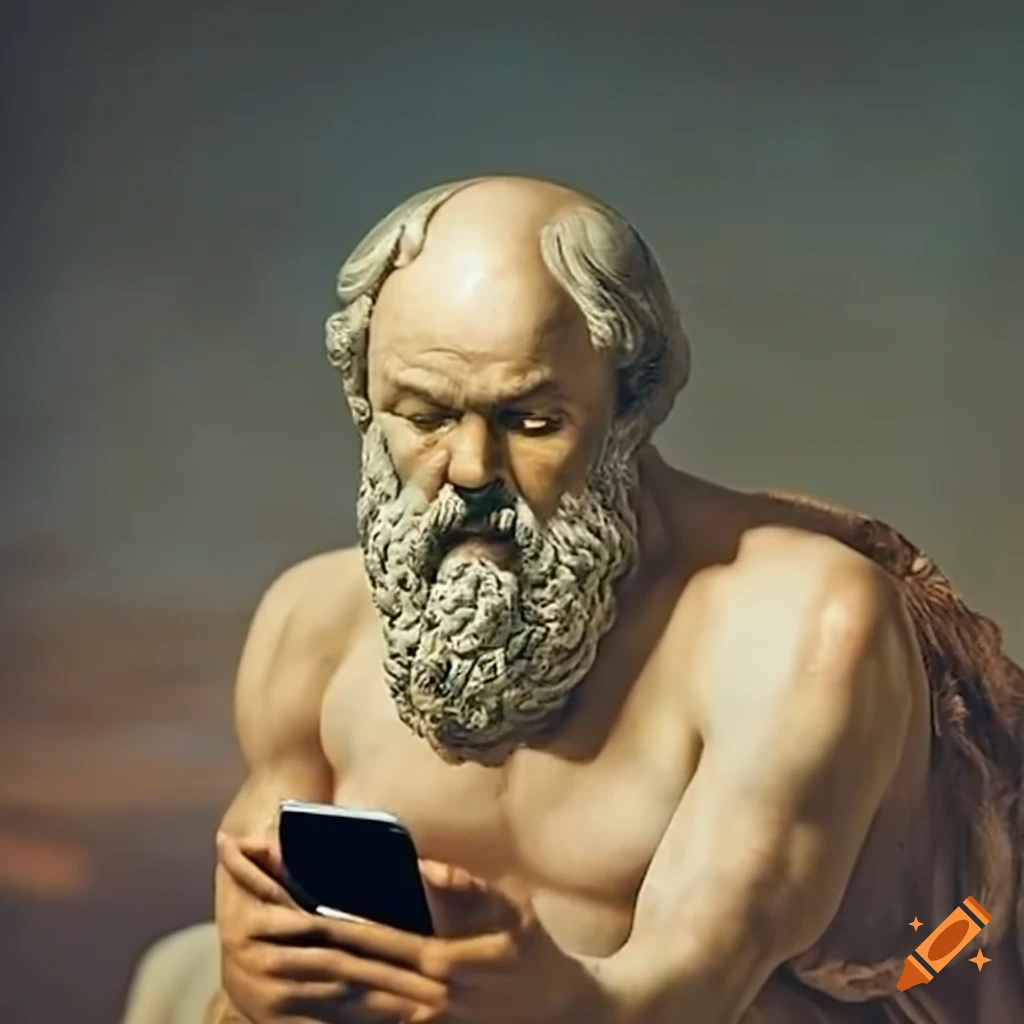 Satirical image of socrates using a smartphone