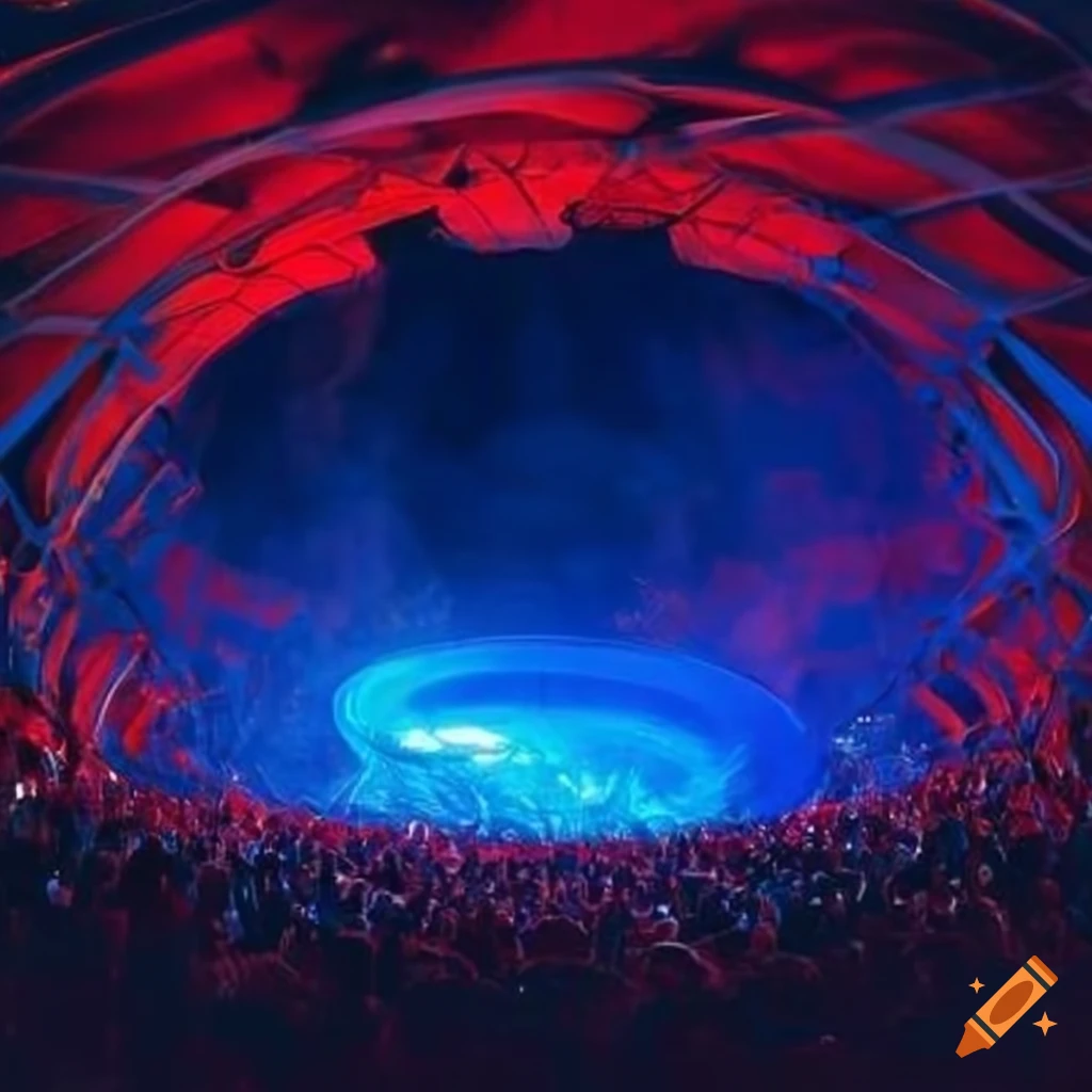 Crowded concert arena with blue and red lights