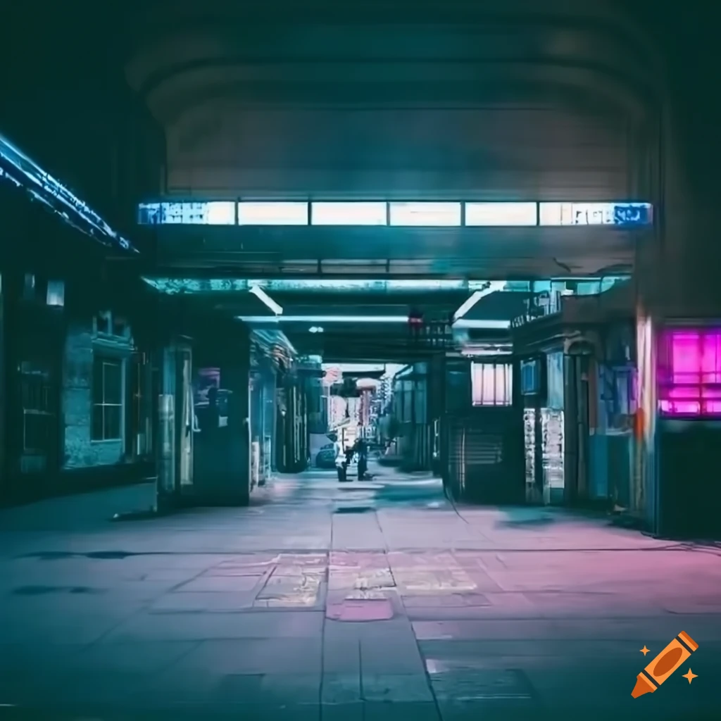 Photorealistic depiction of a dimly lit train station on the outskirts ...