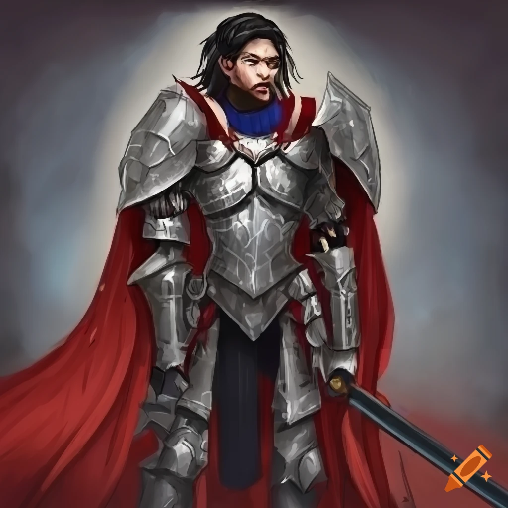 Image of a fierce Paladin with black wavy hair and blue eyes on Craiyon