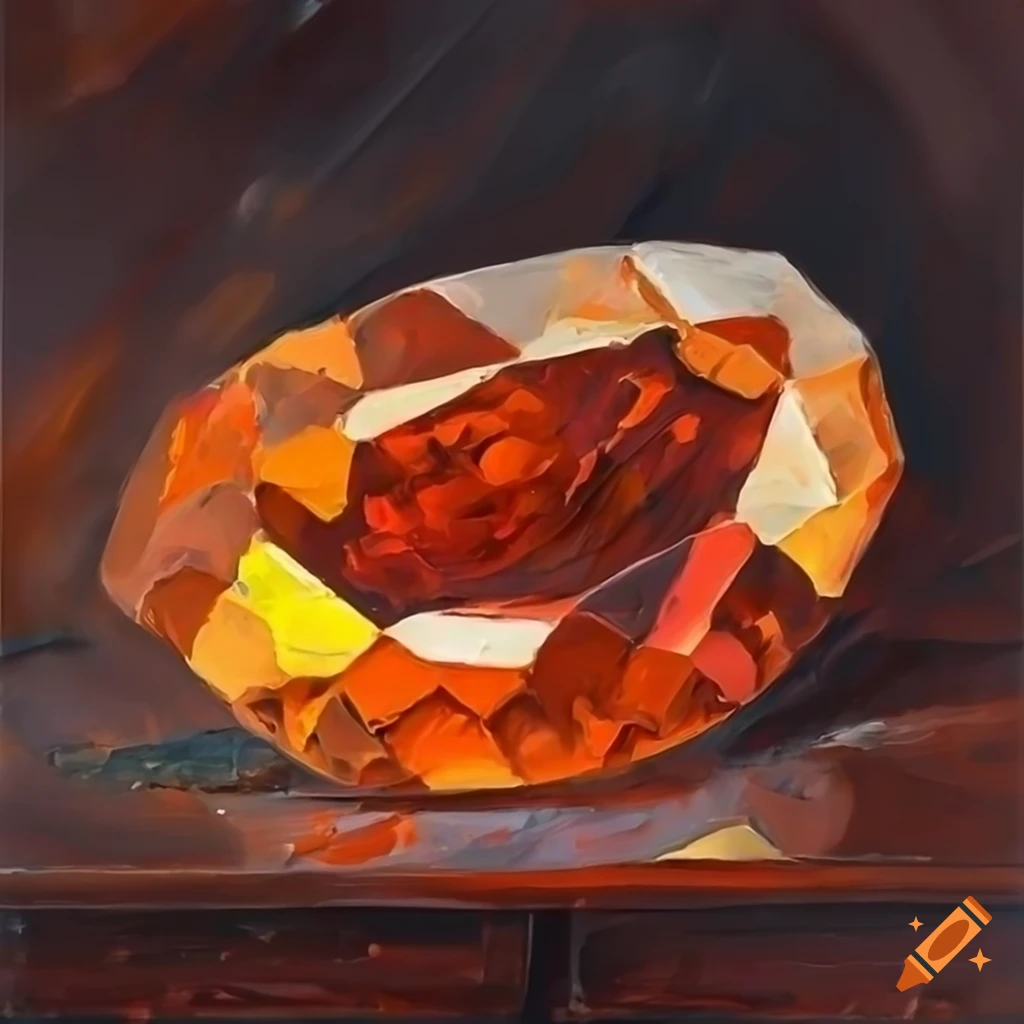 Painting of an uncut orange gemstone on a desk