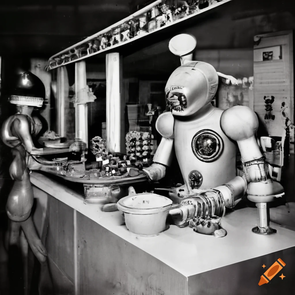 1920s x-ray of alien robots in an ice cream store with intricate ...