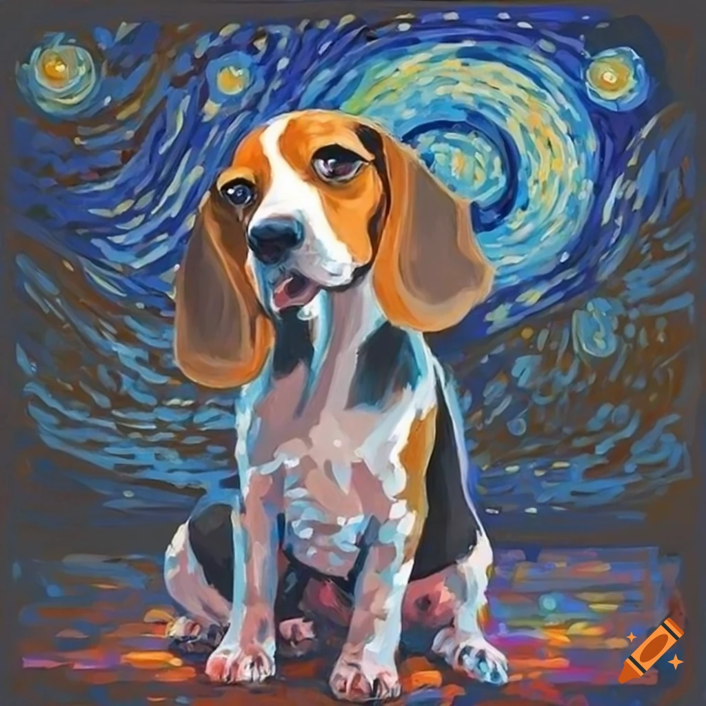 Detailed painting of a beagle puppy in starry night style on Craiyon