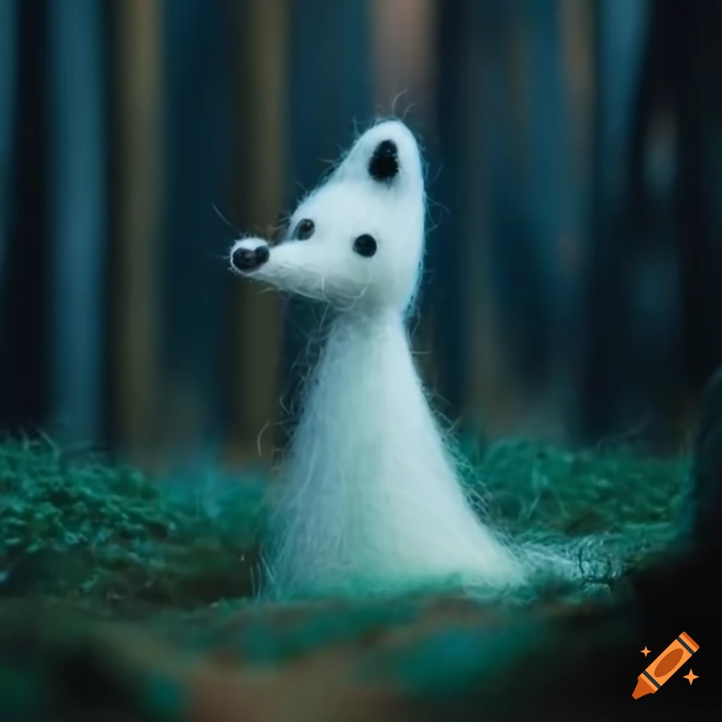 Fantasy diorama of a ghost and fox in a pine forest