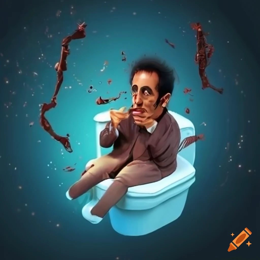 Surreal illustration of jerry seinfeld in space with a floating toilet ...