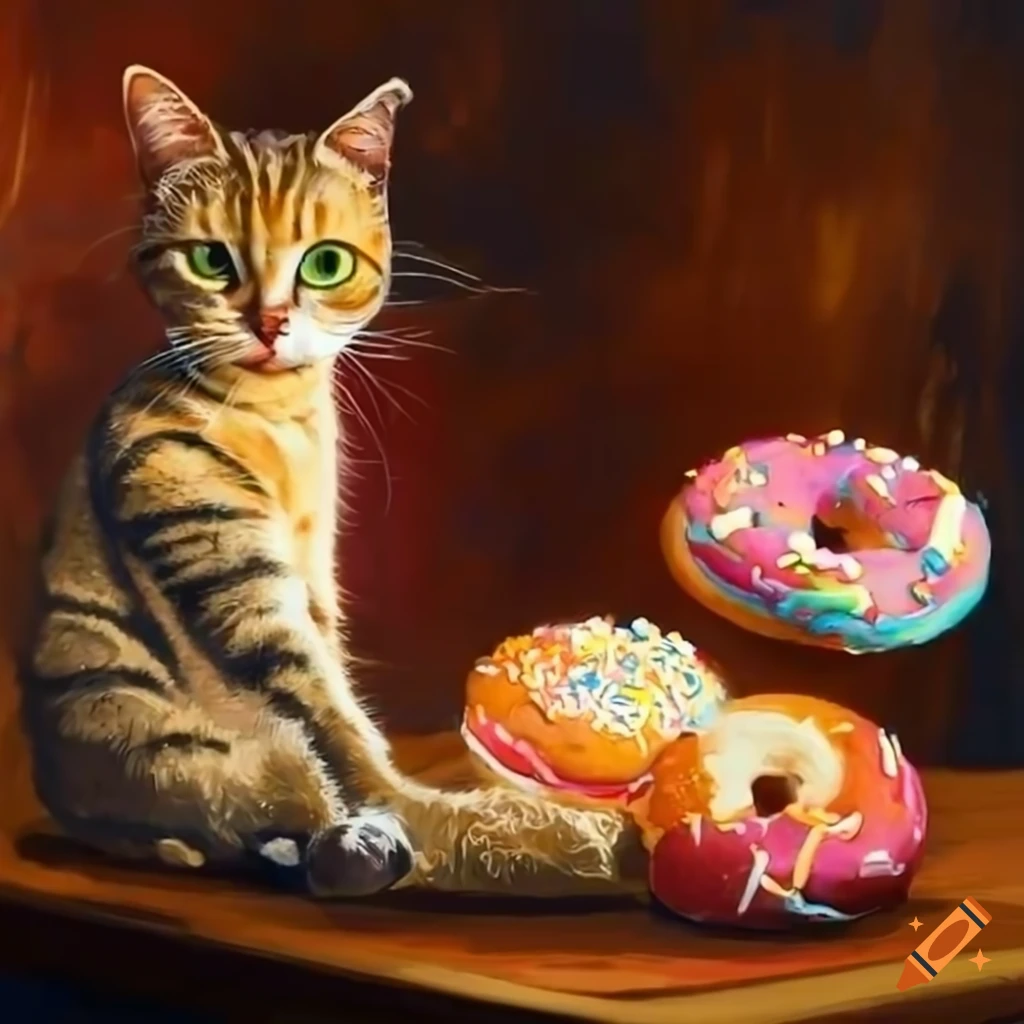 Painting of a cat enjoying tea and donuts at a restaurant