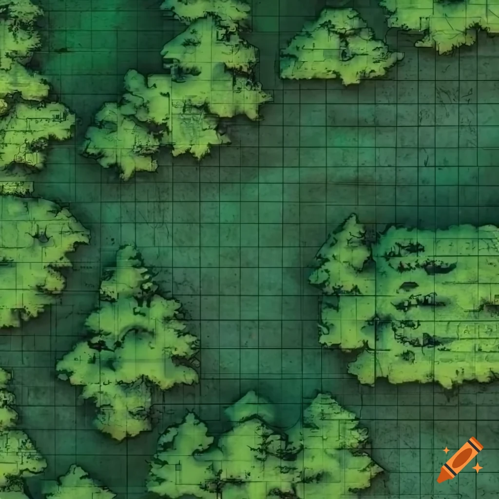 Green-themed battle map with forest environment on Craiyon