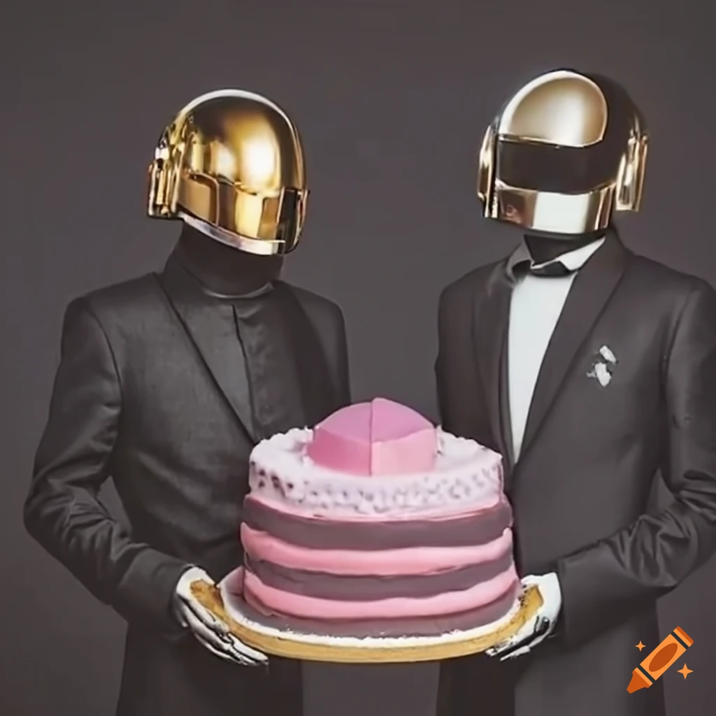 Daft punk and thomas holding a pink cake on Craiyon