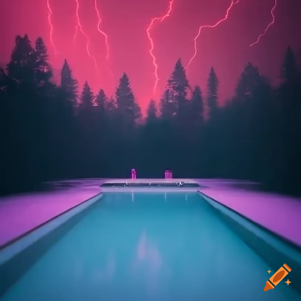 Futuristic swimming pool in a dark forest with red sky on Craiyon