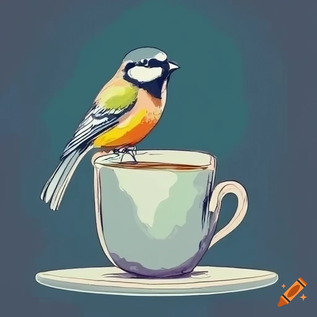 Watercolor painting of a great tit bird on a cup of coffee on Craiyon