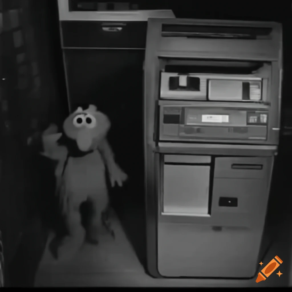 Retro security camera footage of elmo near an atm