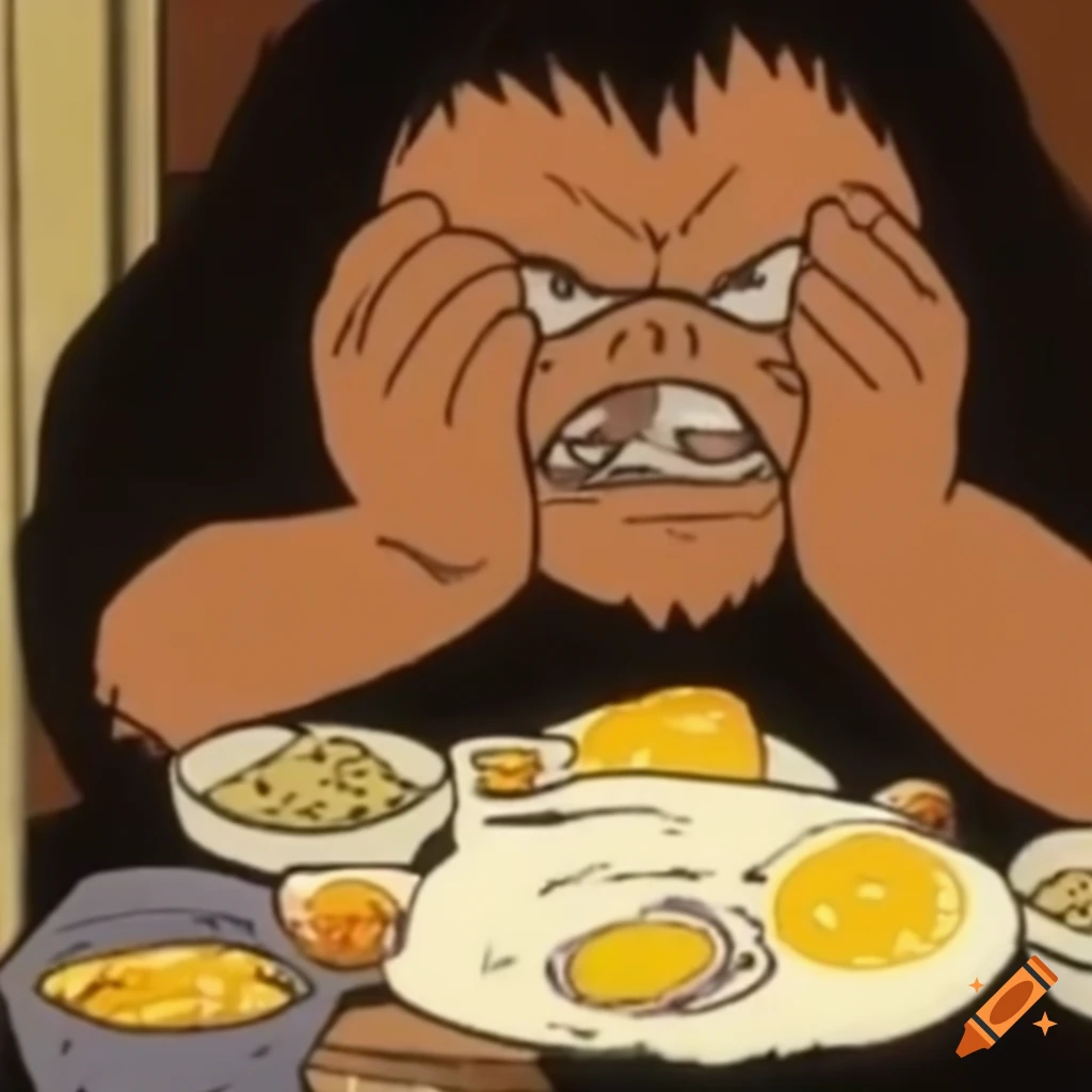 Humorous illustration of a sasquatch eating a big meal