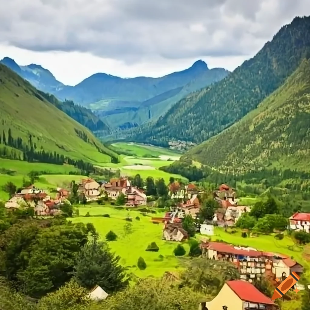 Scenic view of a village nestled next to a mountain