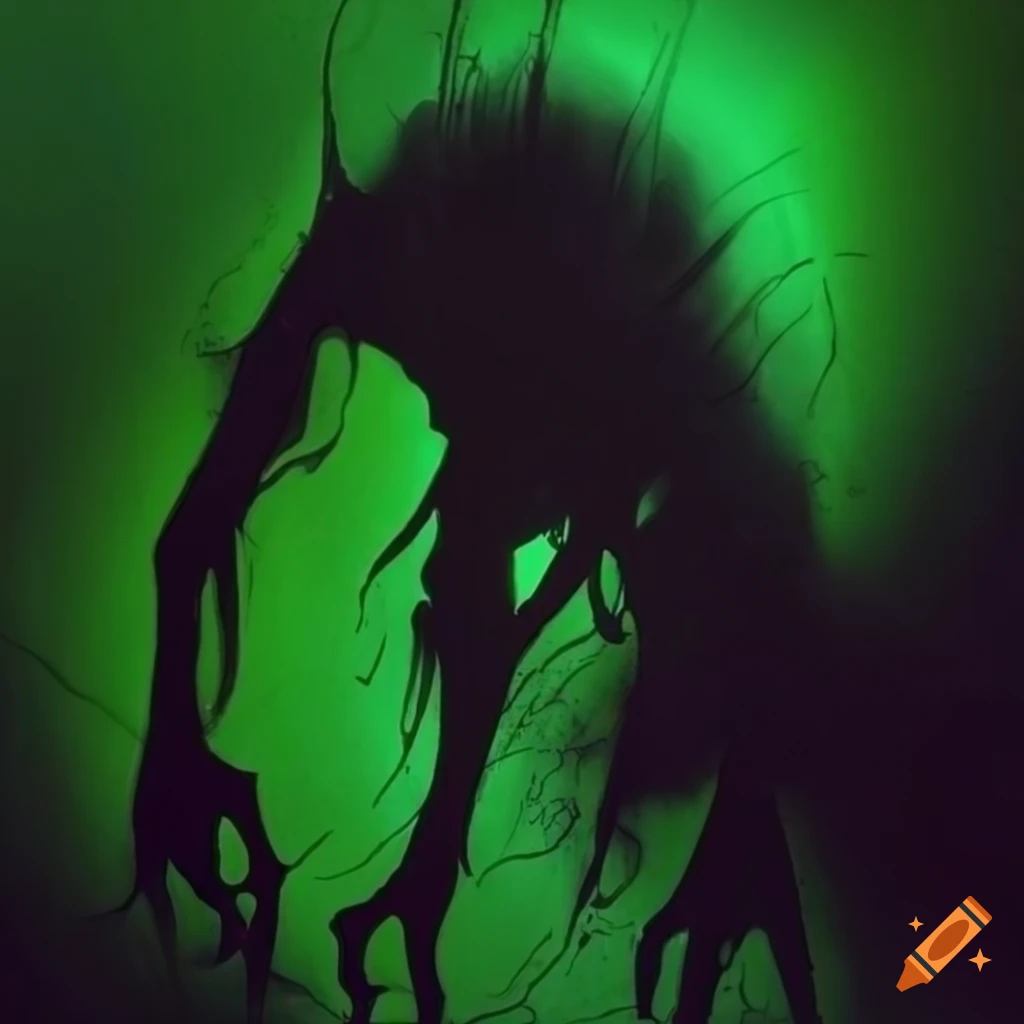 Green ink drawing of a shadow creature with sharp teeth