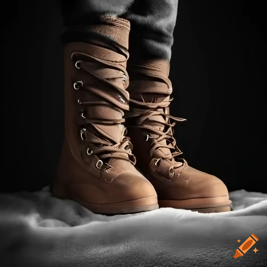 Close-up of dusty winter boots sinking into a soft blanket on Craiyon